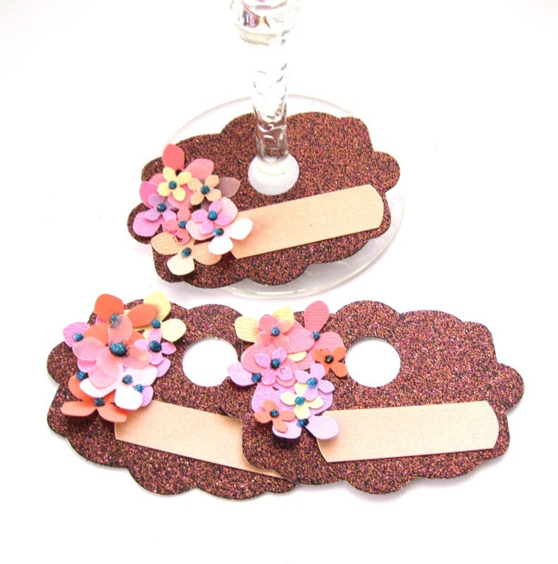 10 or 20 Cocoa Glitter and Pink Flowers Wineglass Markers With Paper ...