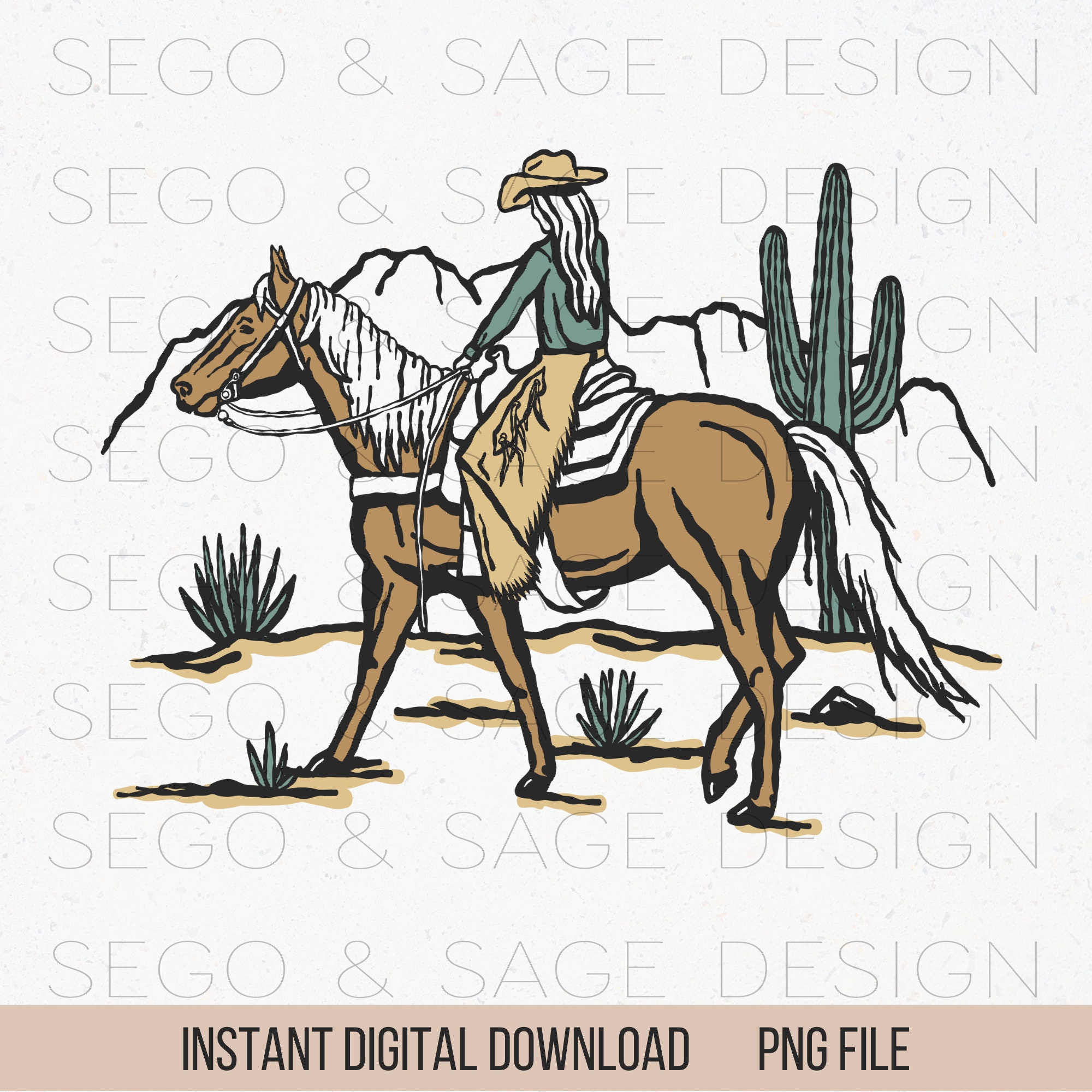 Cactus Cowgirl Design, Desert Cowgirl Clipart, Cowgirl on Horse, Cowboy ...