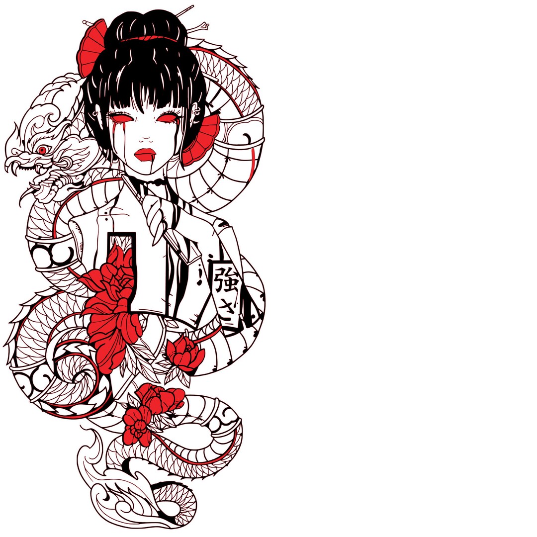 Red Geisha With Dragon..can Be Used as a Cut File or for Sublimation ...