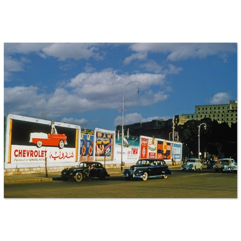 Photo Print 1950s Egypt Traffic Cairo, Sorna Watches, Chevrolet, TWA, Frigidaire Billboards ...