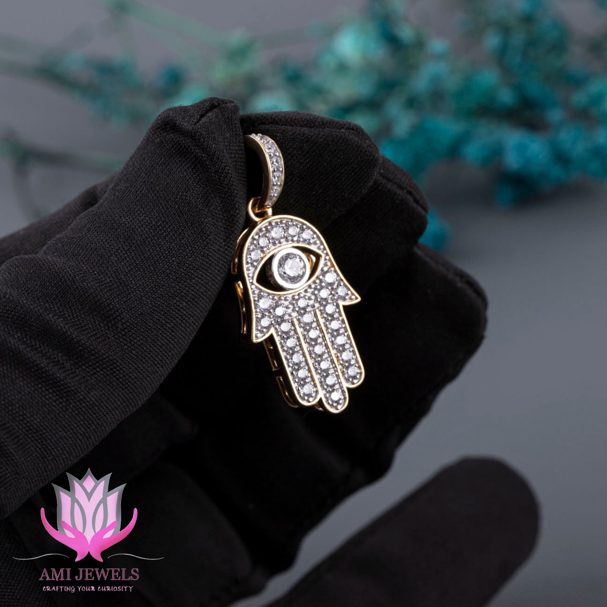 14K Gold Hamsa Hand Pendant, Evil Eye Pendant Good Luck Charm Pendant ...