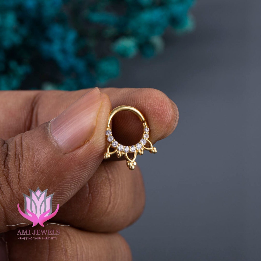 Natural Diamond Septum Daith Ring in 14K Solid Gold, 14g 16g 18g Septum ...