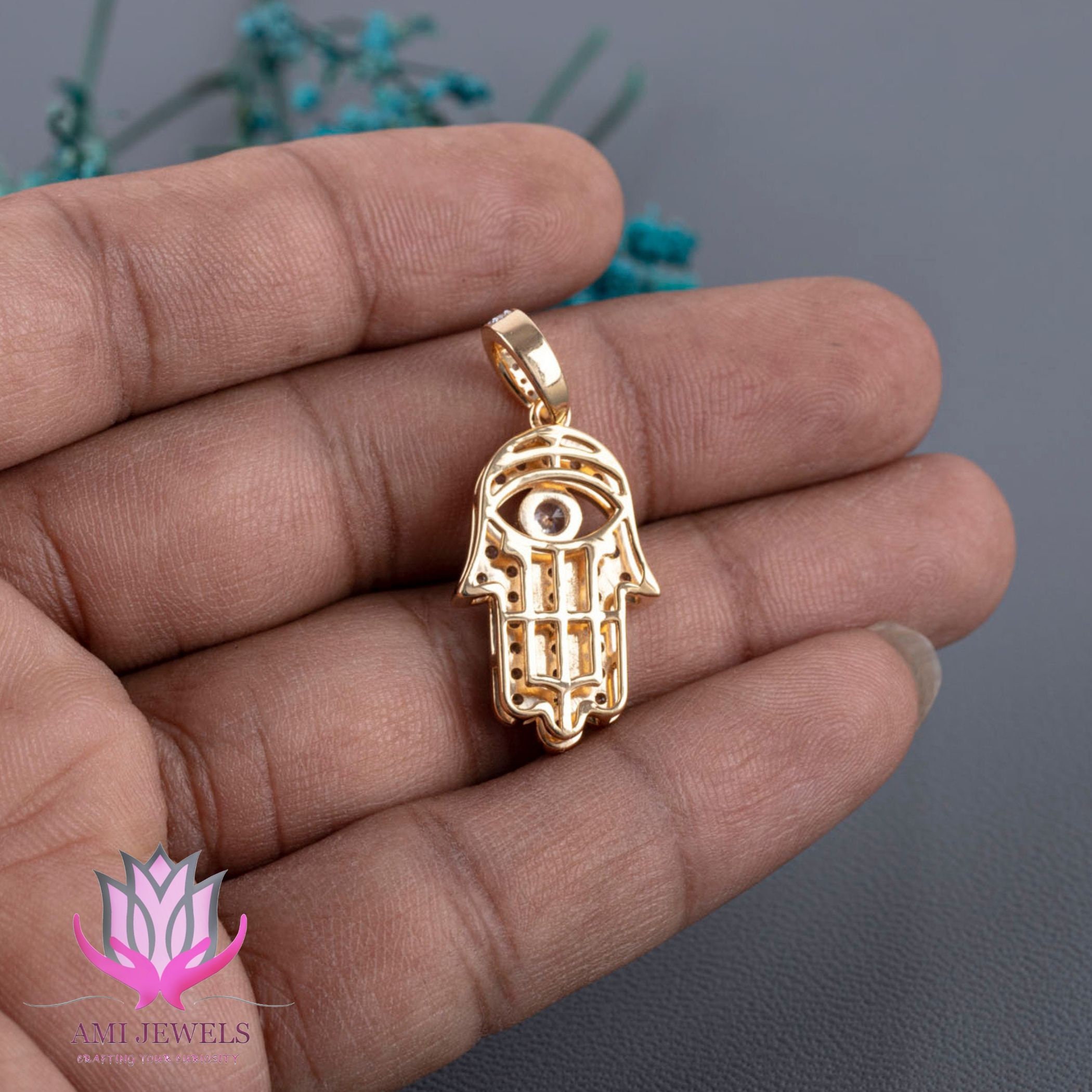14K Gold Hamsa Hand Pendant, Evil Eye Pendant Good Luck Charm Pendant ...