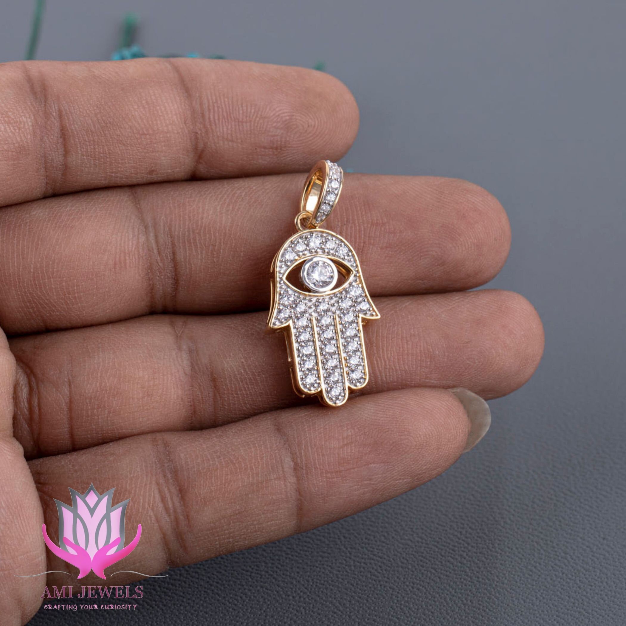 14K Gold Hamsa Hand Pendant, Evil Eye Pendant Good Luck Charm Pendant ...