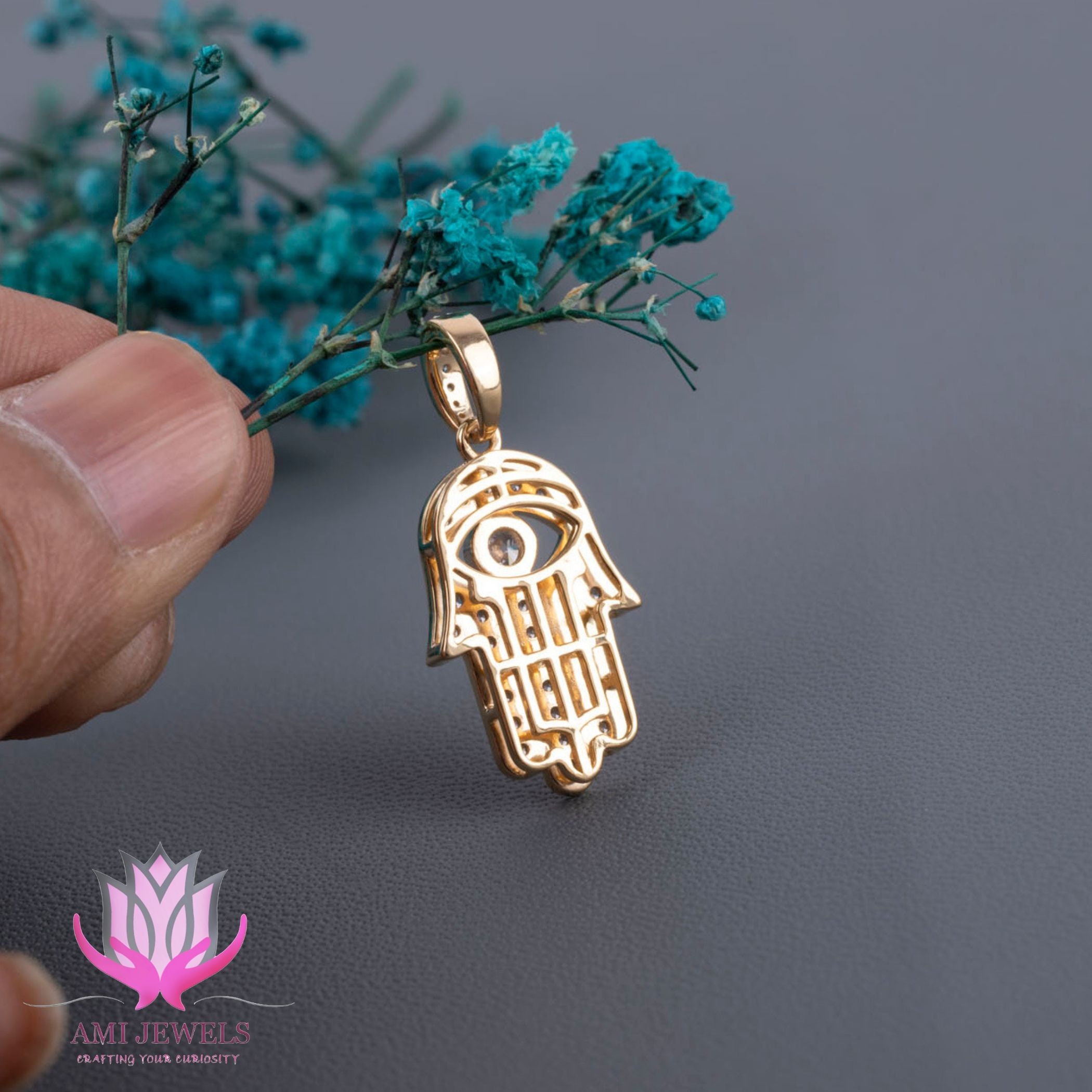 14K Gold Hamsa Hand Pendant, Evil Eye Pendant Good Luck Charm Pendant ...