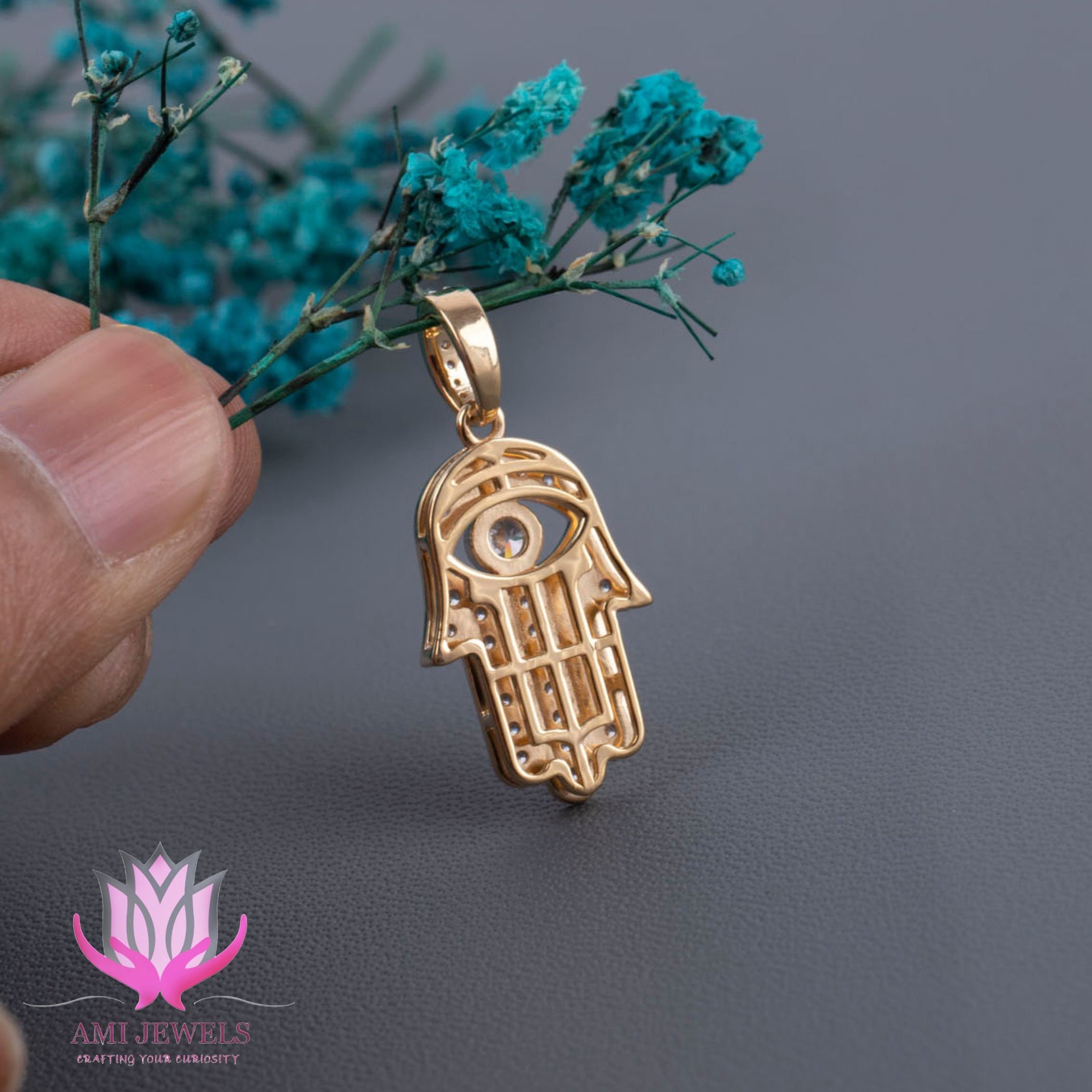 14K Gold Hamsa Hand Pendant, Evil Eye Pendant Good Luck Charm Pendant ...