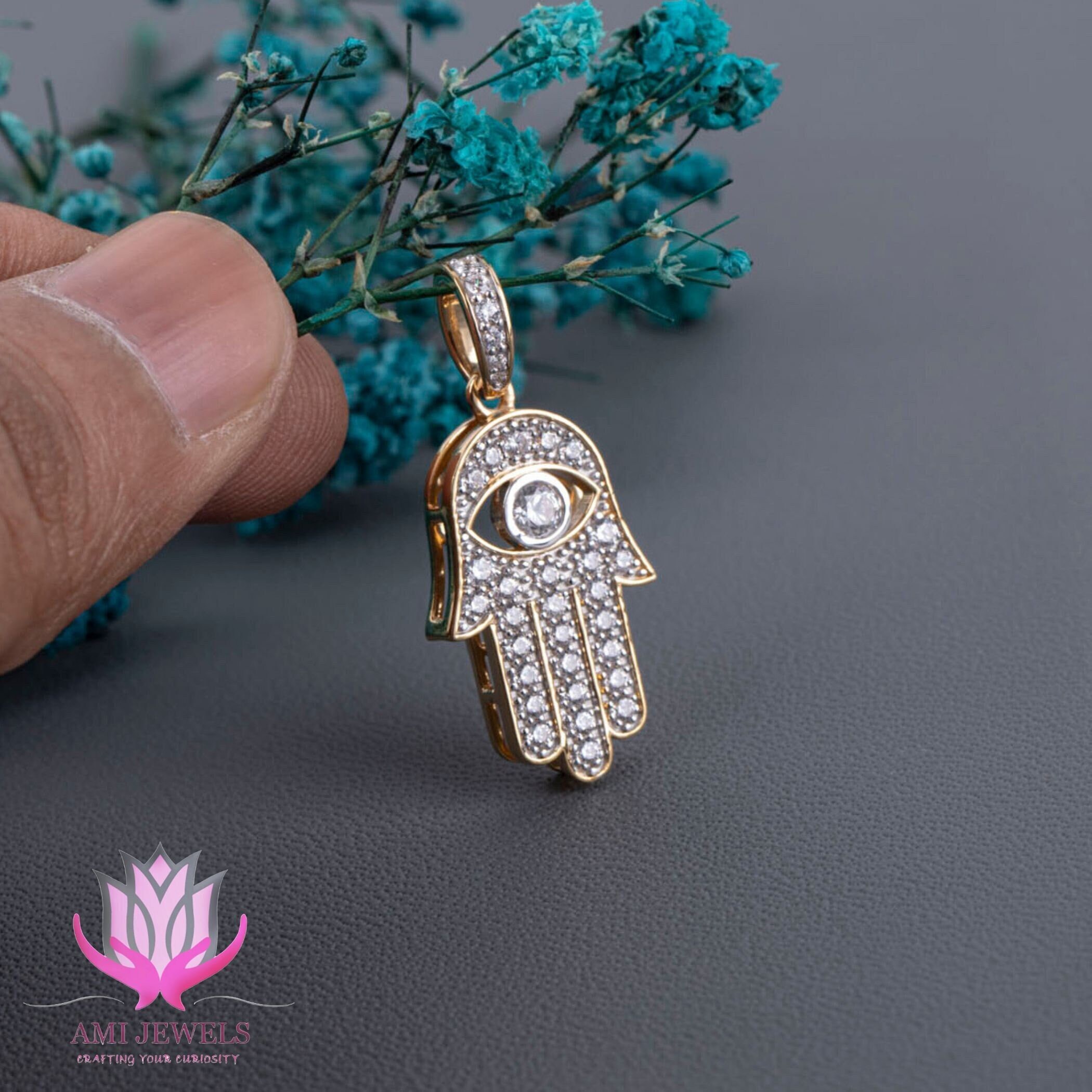 14K Gold Hamsa Hand Pendant, Evil Eye Pendant Good Luck Charm Pendant ...