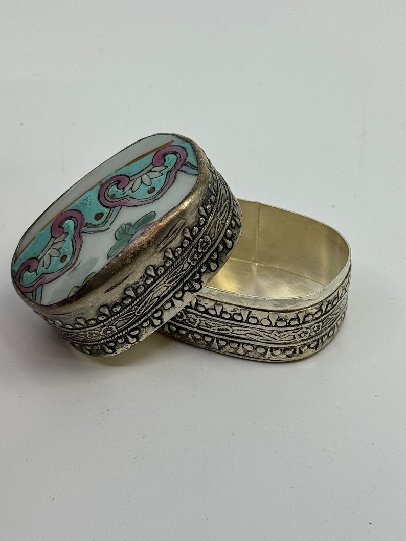 1960s Vintage Chinese Hand Painted Figure Porcelain Chard Embossed Silver Trinket Box - Etsy