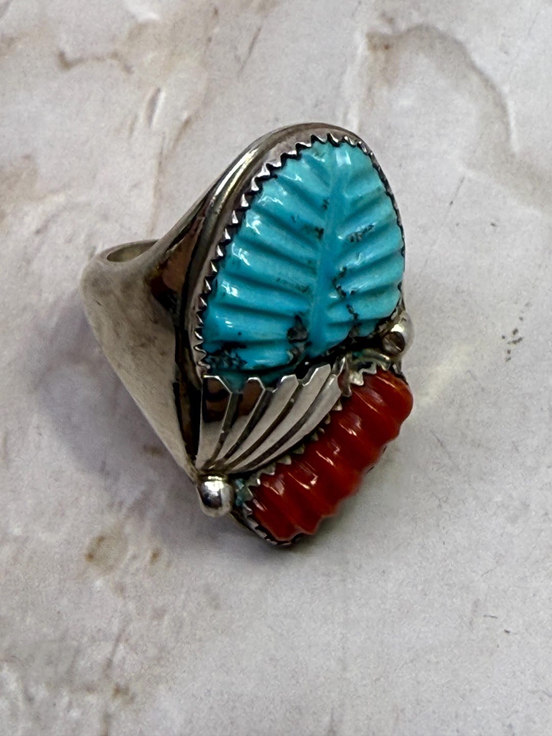 Vintage Silver & Turquoise Coral Feather Zuni Men's Ring by Lyolita ...