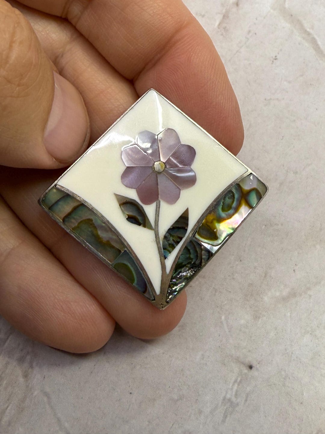 60s Alpaca/abalone Shell Inlay Square Brooch Mexico Vintage 1.25 X 1.25 ...