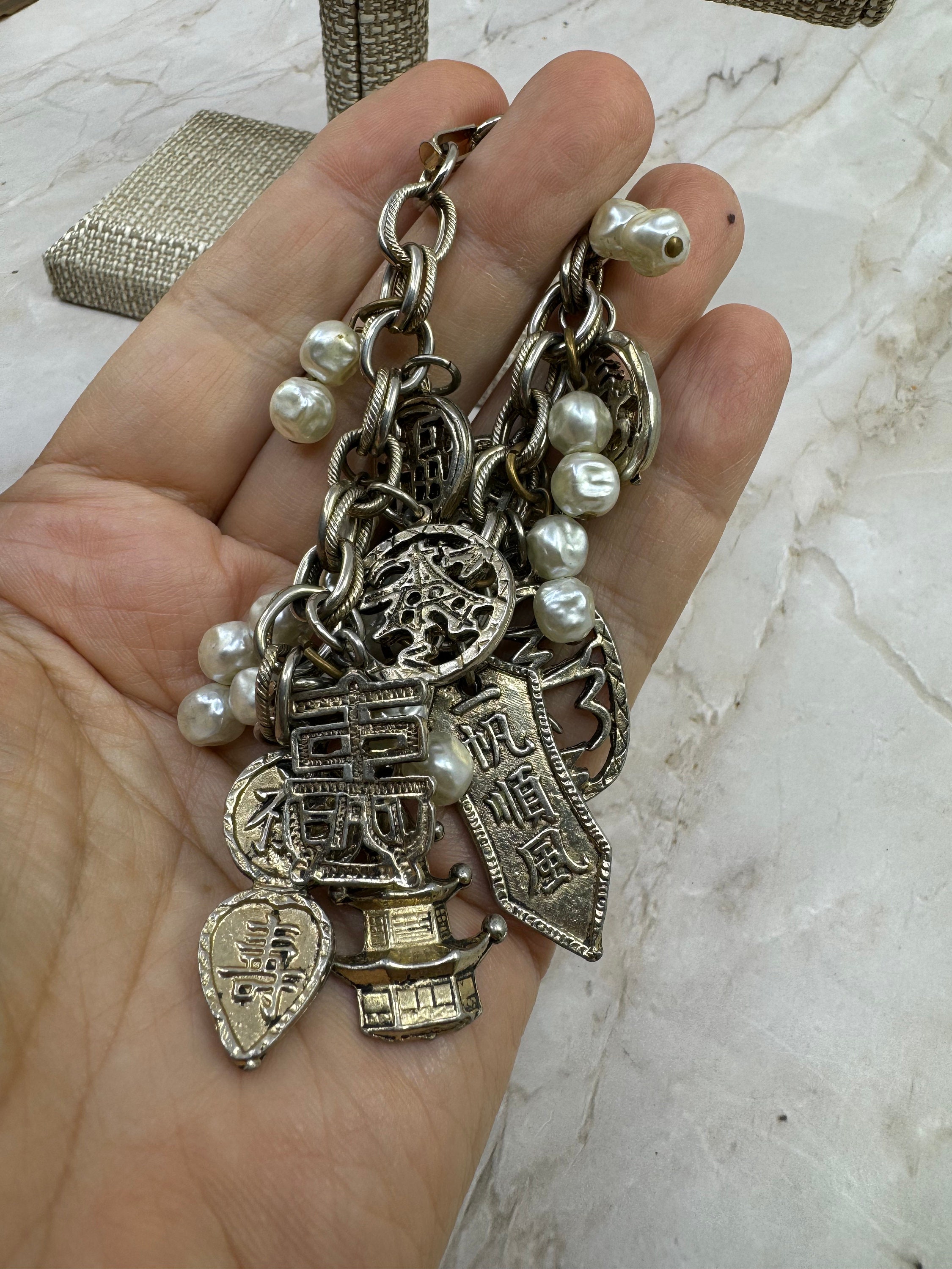 Vintage Chinese Big Charms Glass Pearls Good Luck Silver Tone Bracelet ...