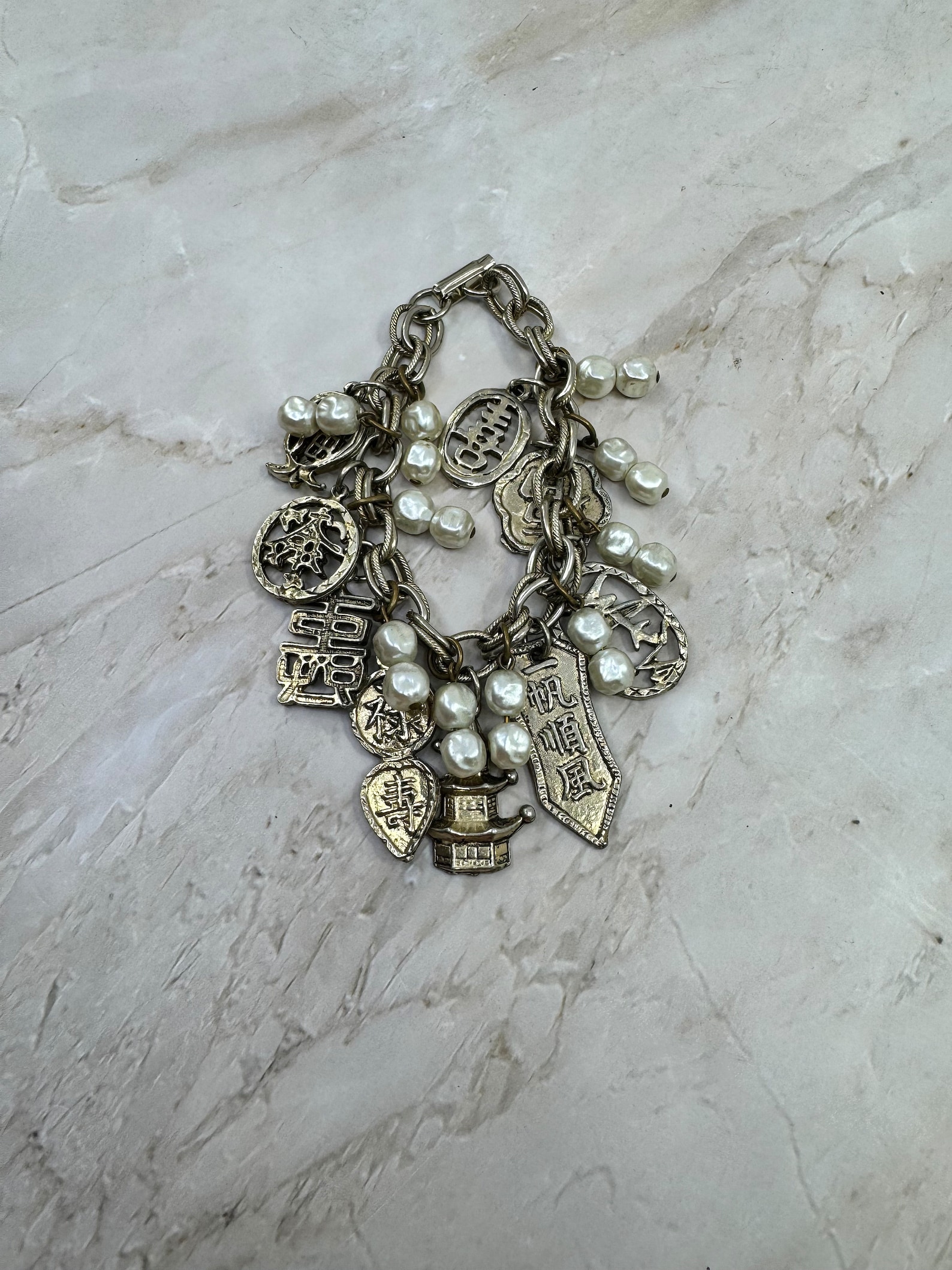 Vintage Chinese Big Charms Glass Pearls Good Luck Silver Tone Bracelet ...
