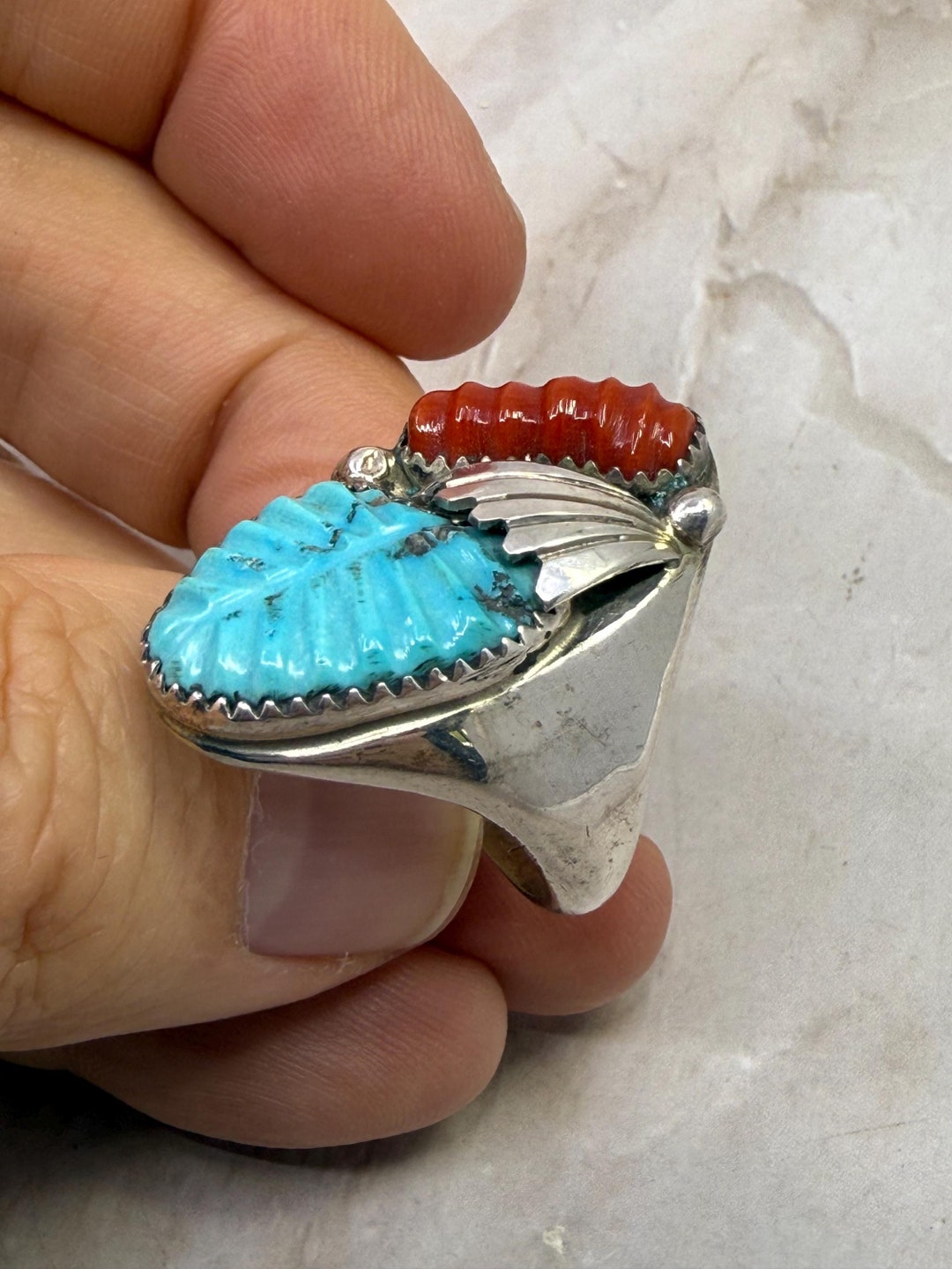 Silver & Turquoise Coral Feather Zuni Men's Ring by Lyolita Tsatte ...