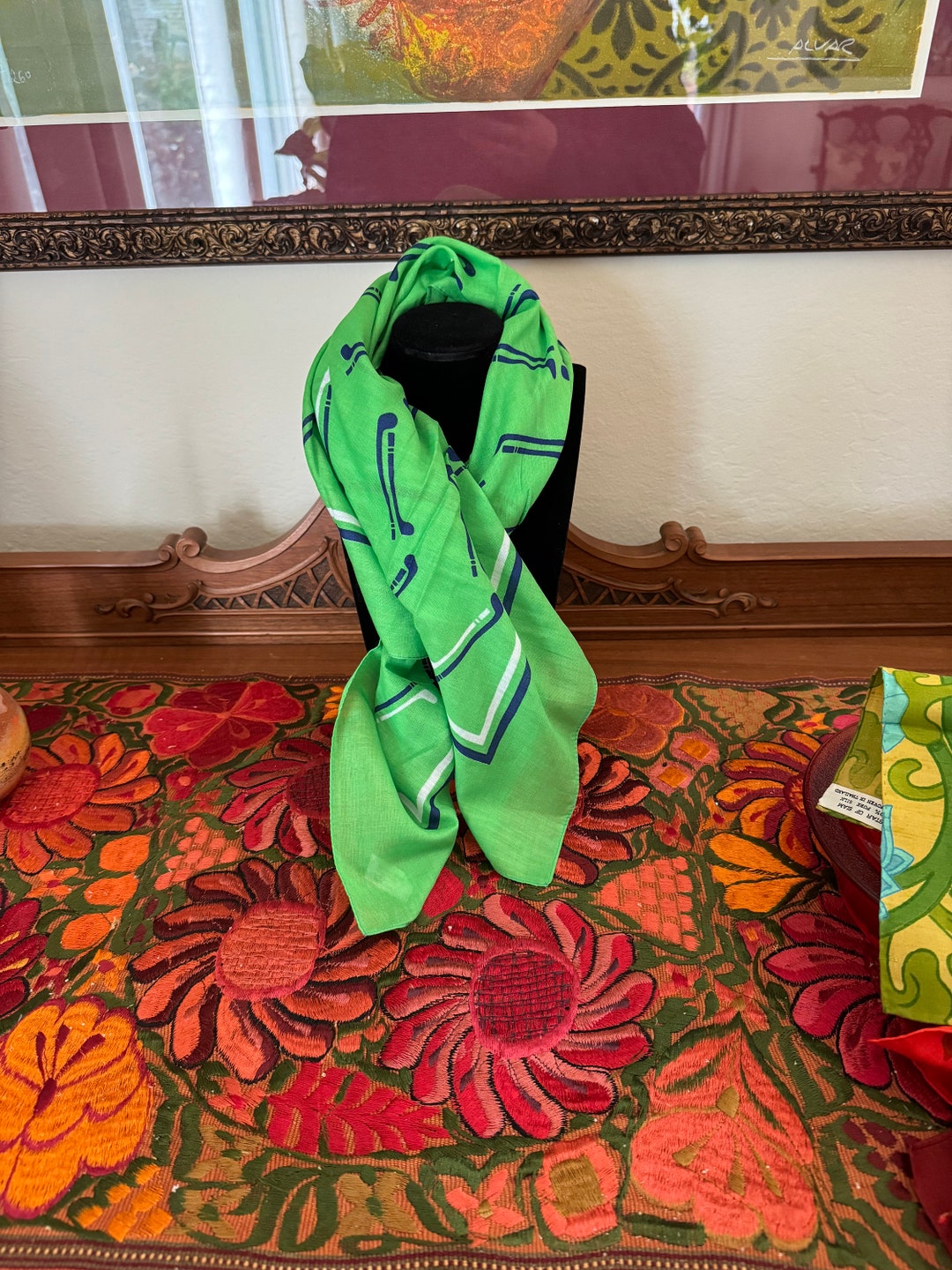 Vintage Scarf Made in Italy Golf Club Theme Cotton Green and Blue - Etsy