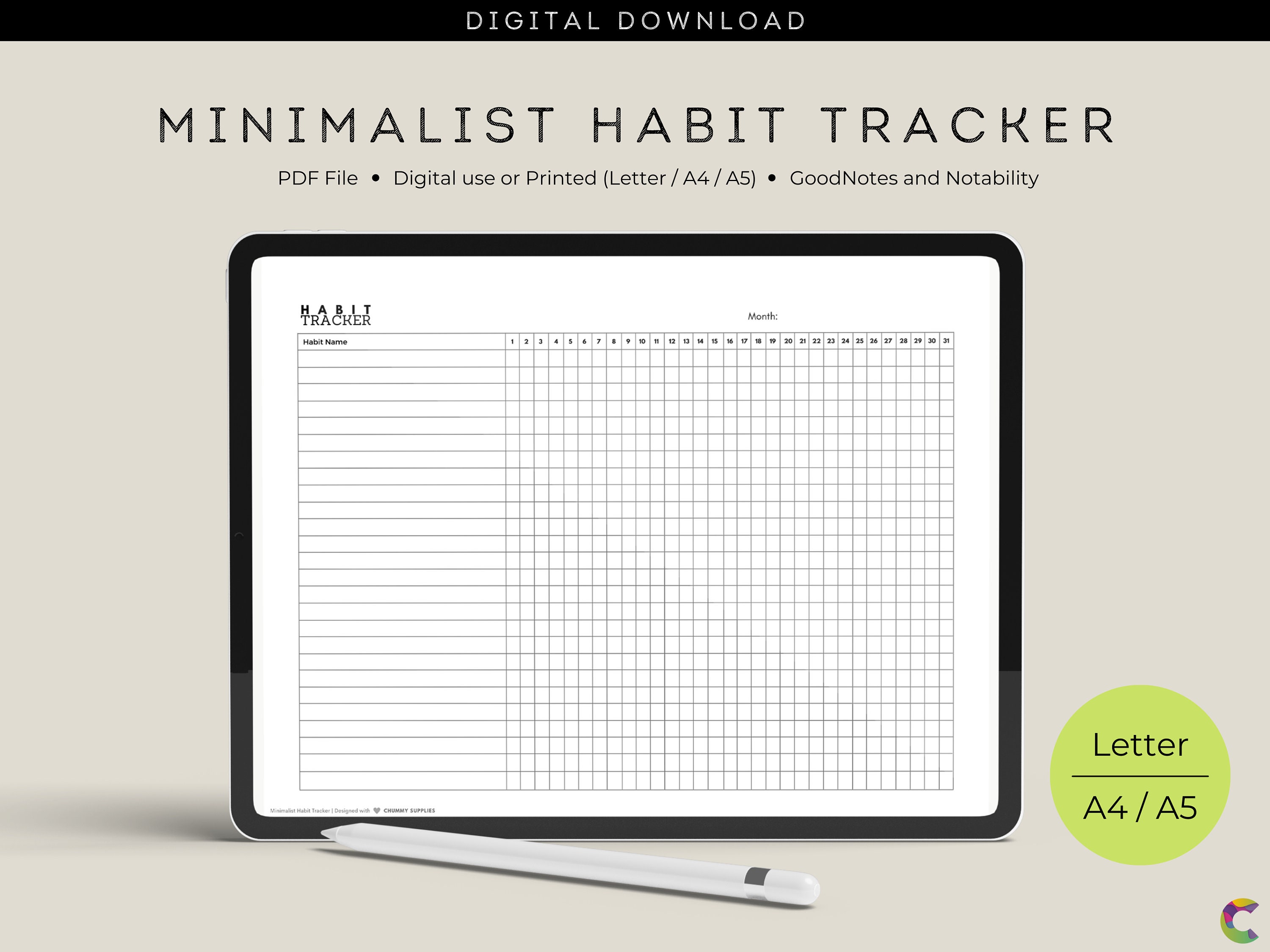 Minimalist Habit Tracker (landscape) - Undated | Digital | Ipad ...