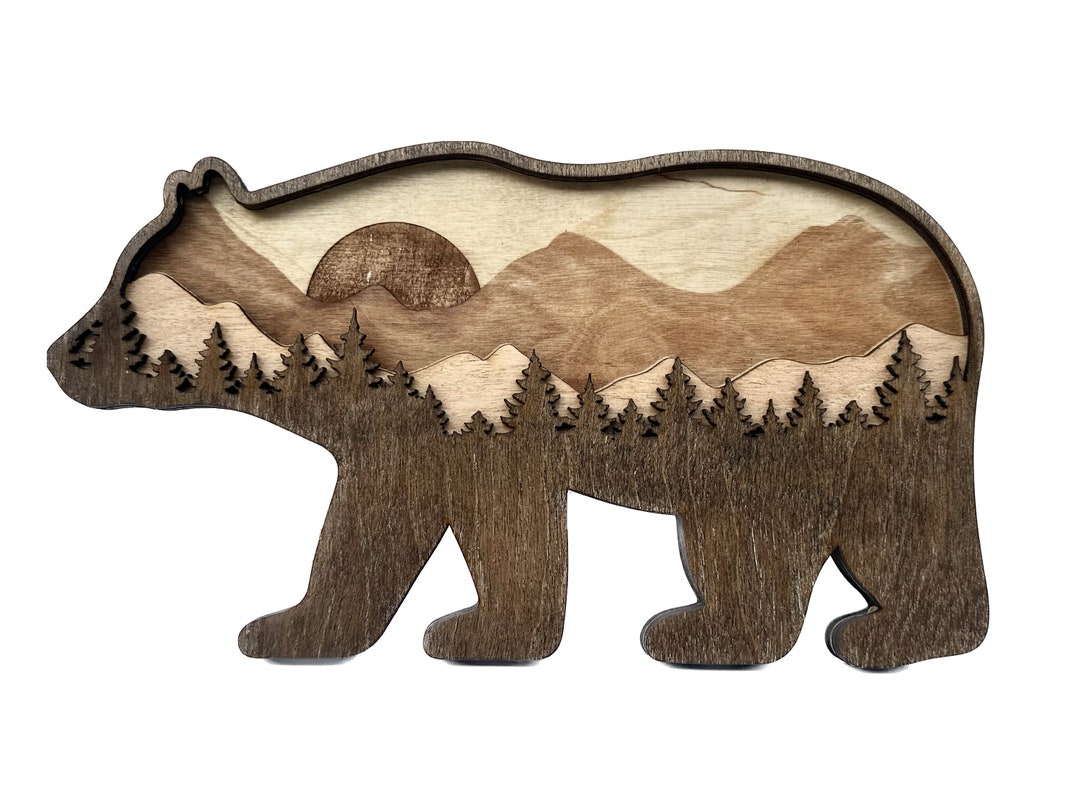 Wooden Engraved Layered Bear With Trees and Mountains Scene - Etsy
