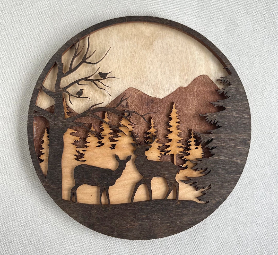 Laser Engraved Wooden Deer Scene Layered - Etsy