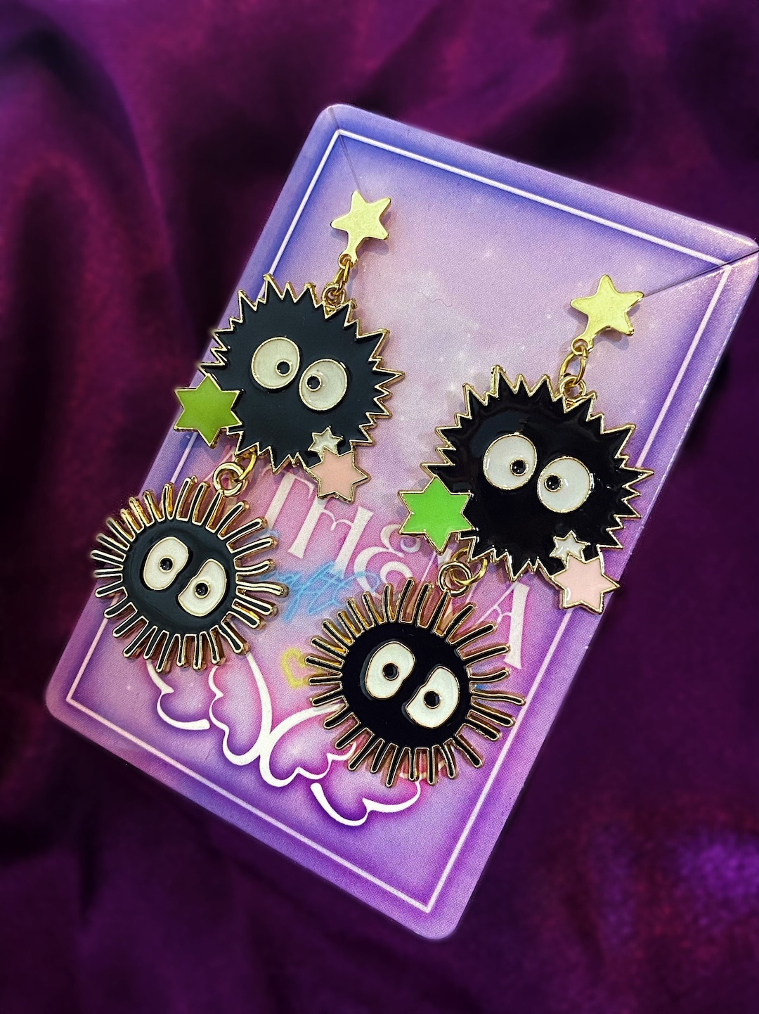 Soot Sprite Earrings, Studio Ghibli, Spirited Away, Gold, Black, Pink, Green - Etsy