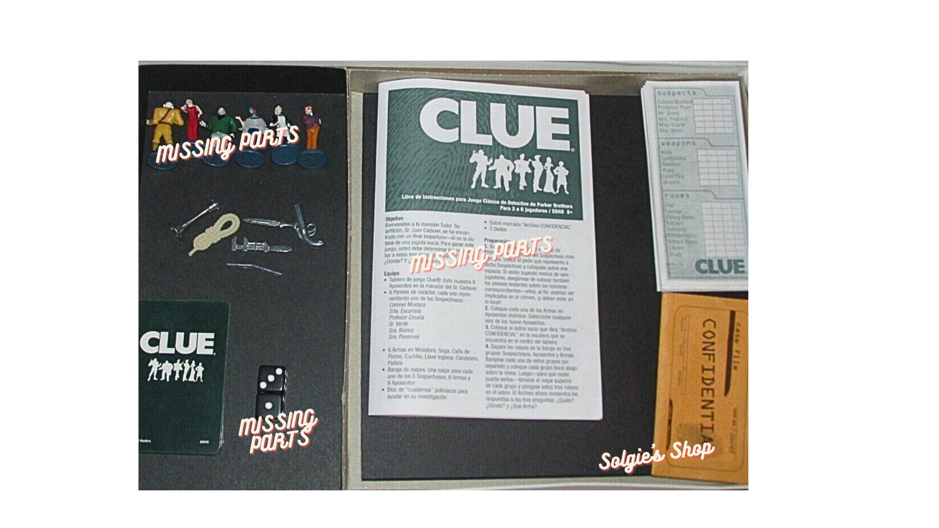 2002 Clue Parker Brothers Classic Detective Game Family Boardgame Parts ...