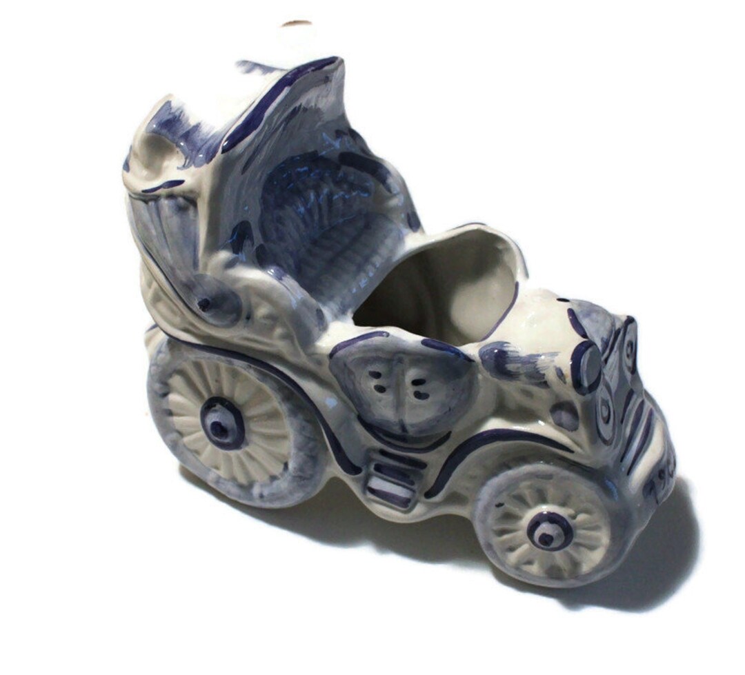 Vintage Blue & White Ceramic Car Planter – Novelty Auto Vase – Retro ...