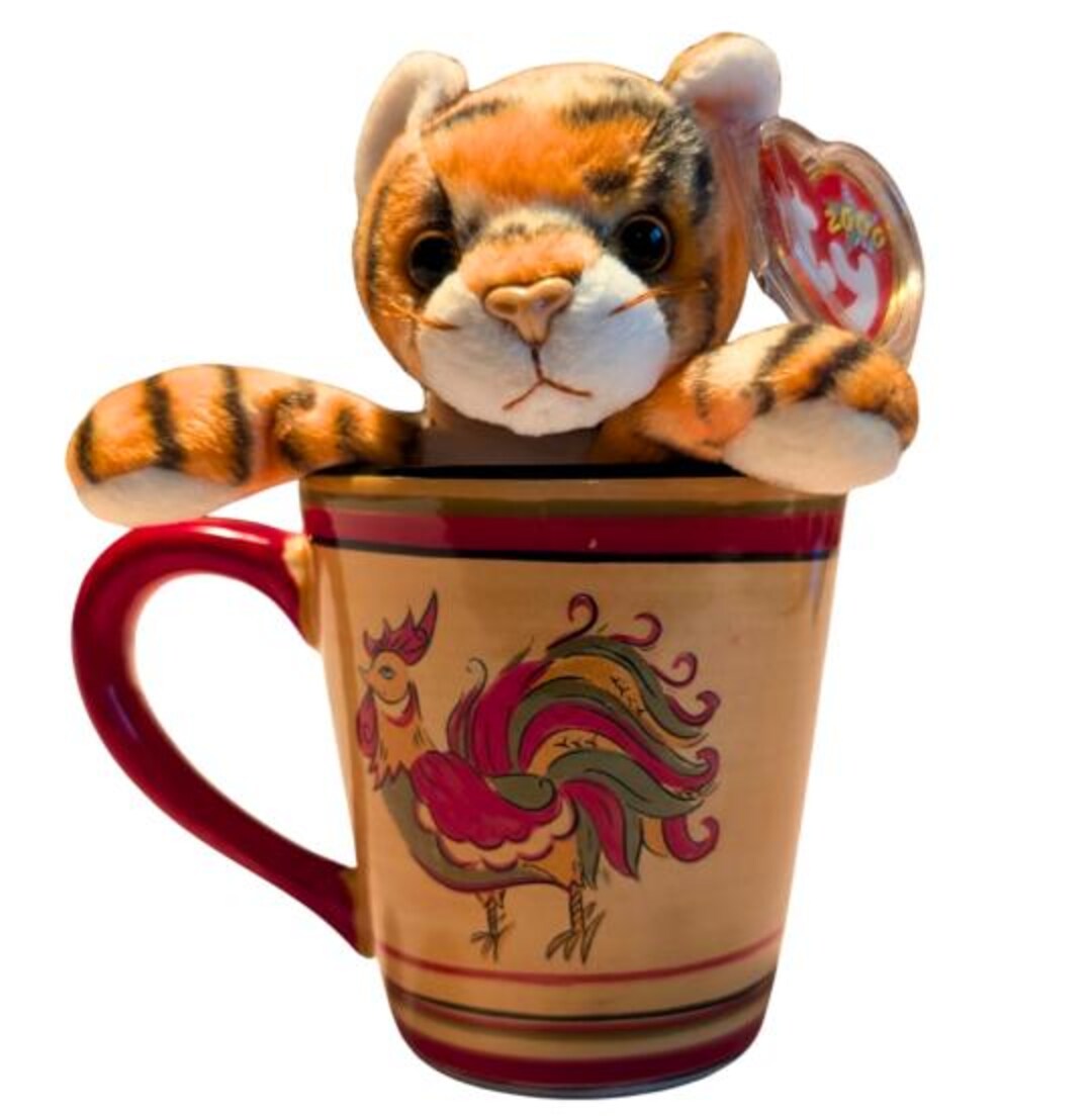 Rooster Coffee Mug With Stuffed Baby Tiger Inside • Unique Animal Gift ...