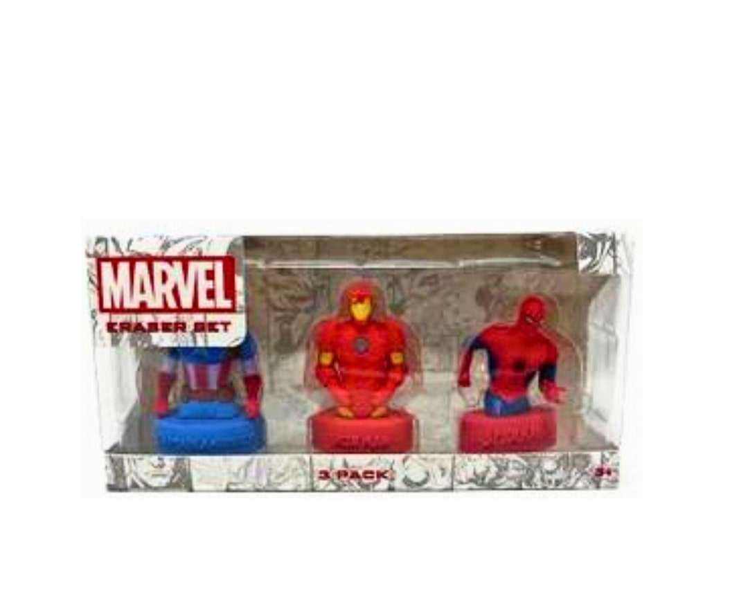 Marvel 3pk Figural Erasers in Paper Box Spiderman, Iron Man, Captain ...
