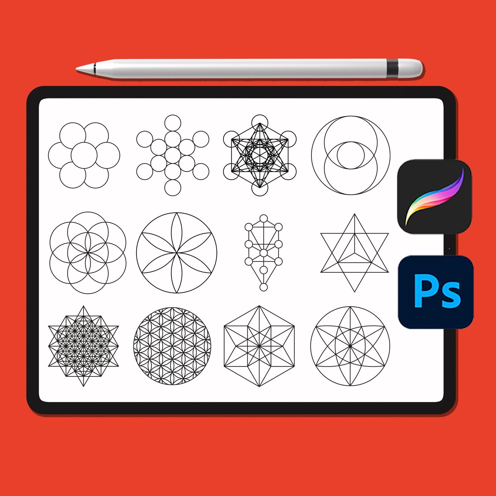 Sacred Geometry Procreate Brushes, Photoshop Brushes, Flower of Life Stamps, ABR Brushes ...