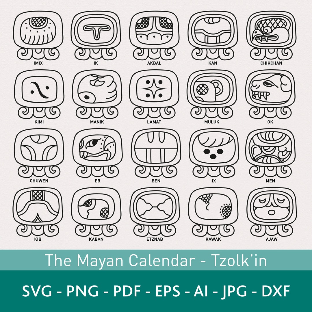 Mayan Tzolkin Day Signs Vector Set: 20 Sacred Mesoamerican Glyph Icons ...