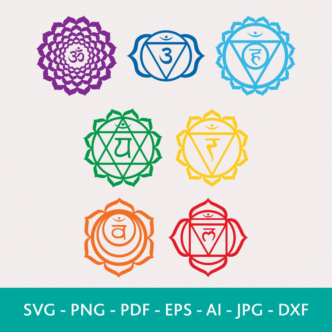 7 Chakra Symbols SVG Bundle: Boho Yoga Line Art, Colored, Cricut ...