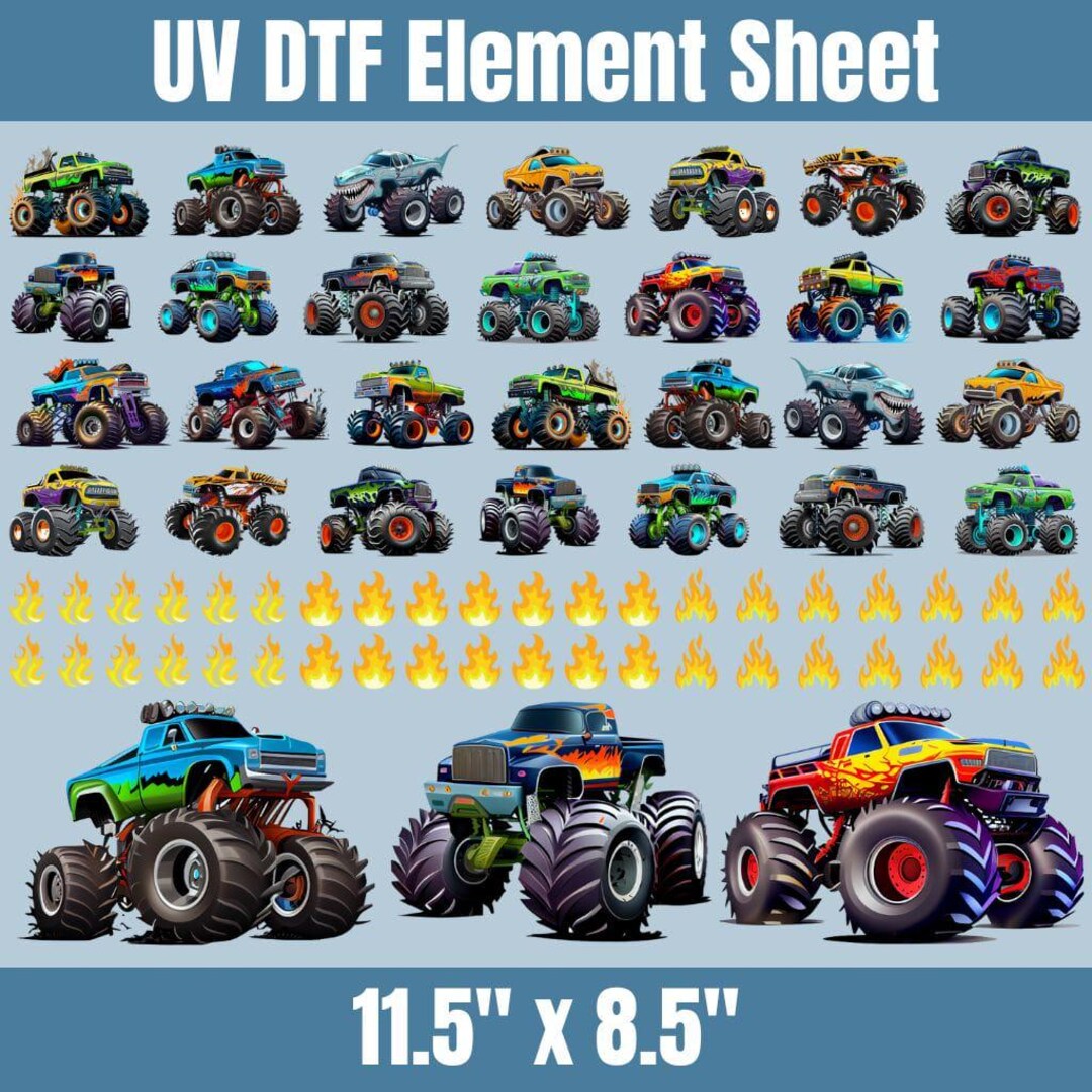 Monster Trucks Element Sheet, UV DTF, Monster Truck Stickers, Uv Dtf ...