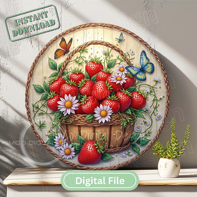 Strawberry Basket Round Sign PNG | Summer Door Hanger (digital Download ...