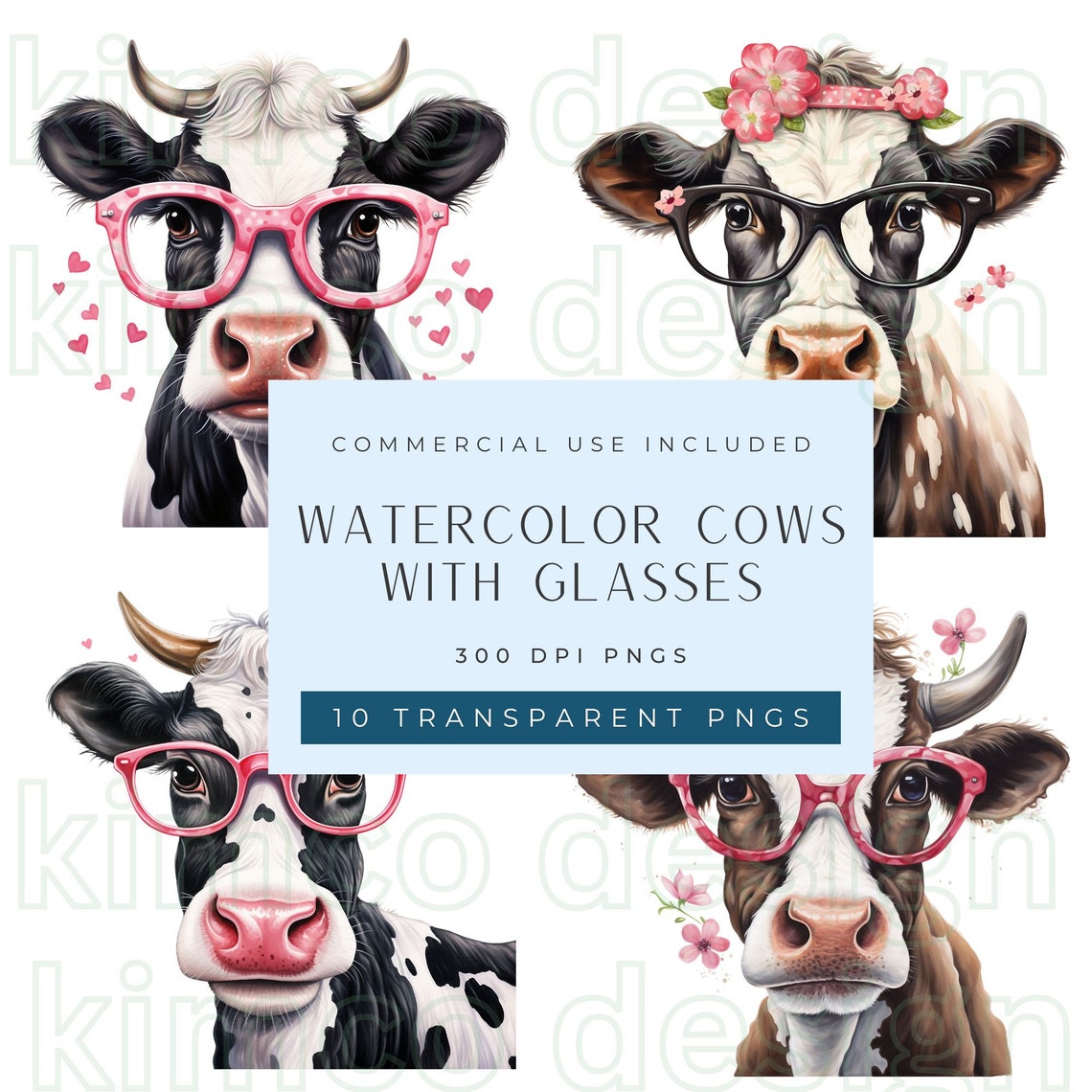 Cow With Glasses Watercolor Clipart: Funny Farm Animal PNG (digital ...