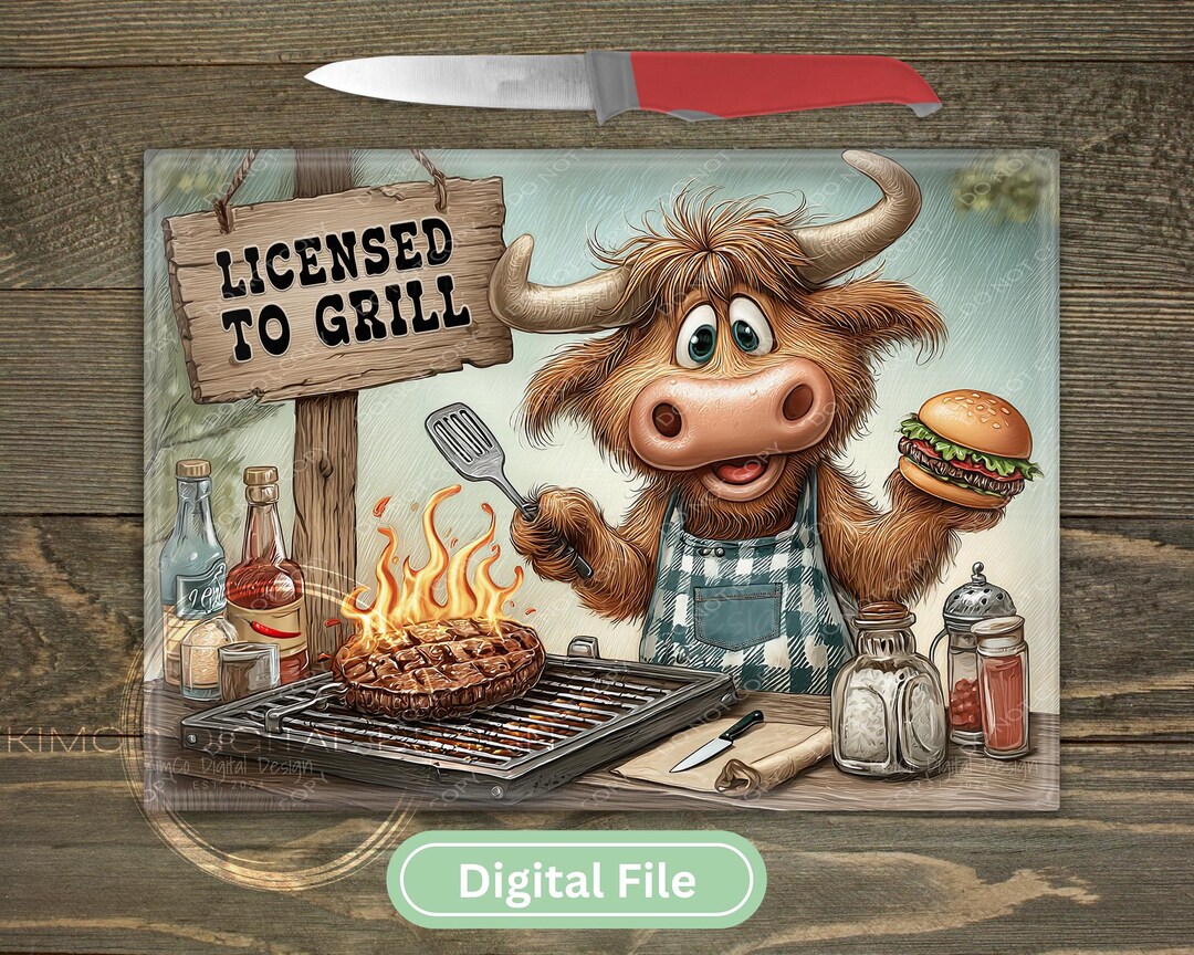Funny Highland Cow Grill Master PNG | Glass Cutting Board Design ...