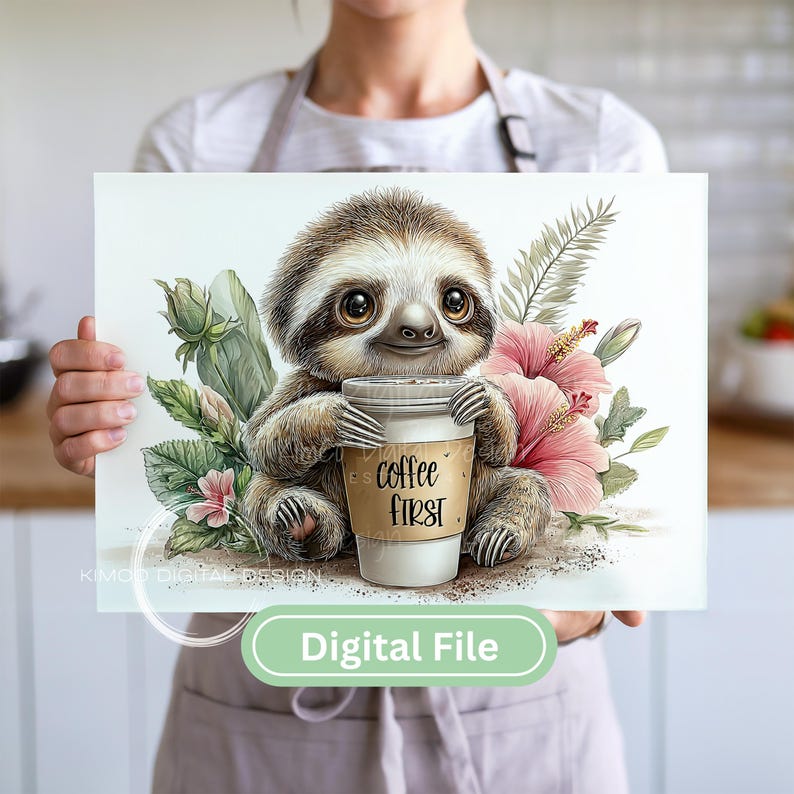 Sloth Coffee First Cutting Board PNG, Cute Coffee Lover Kitchen Decor ...