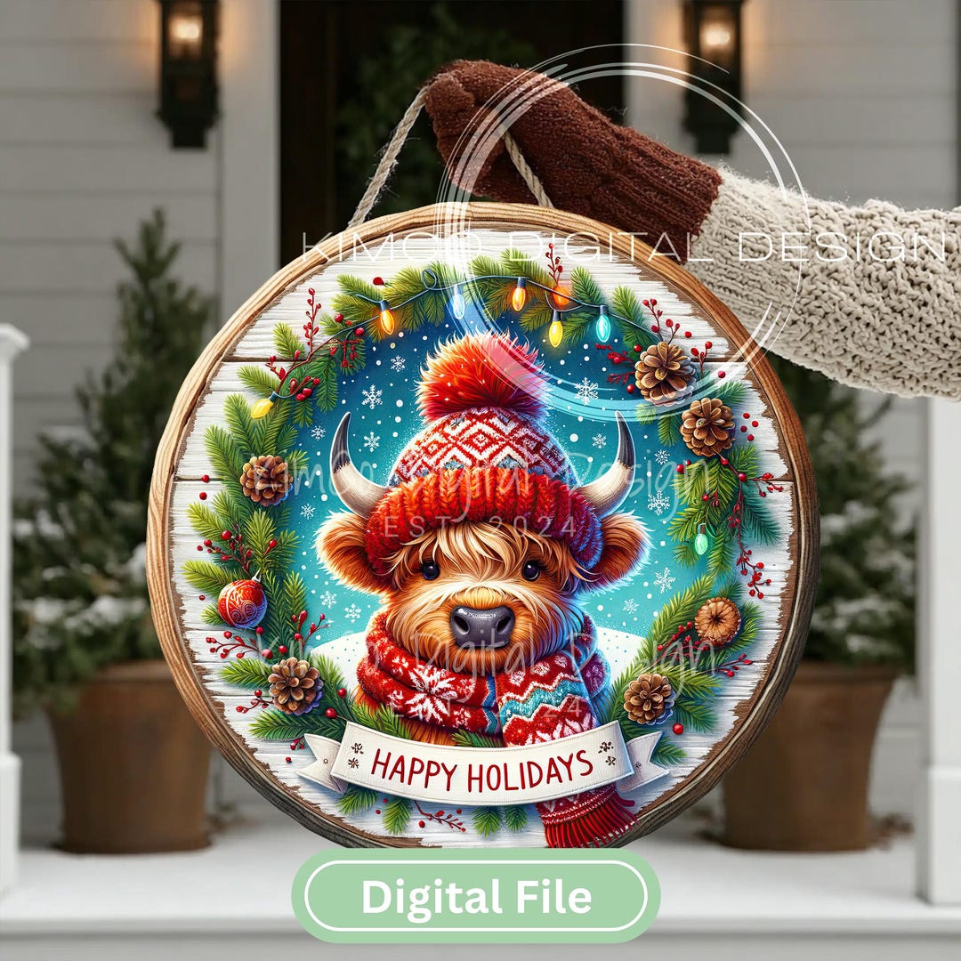Highland Cow Christmas Door Sign PNG | Happy Holidays Sublimation ...