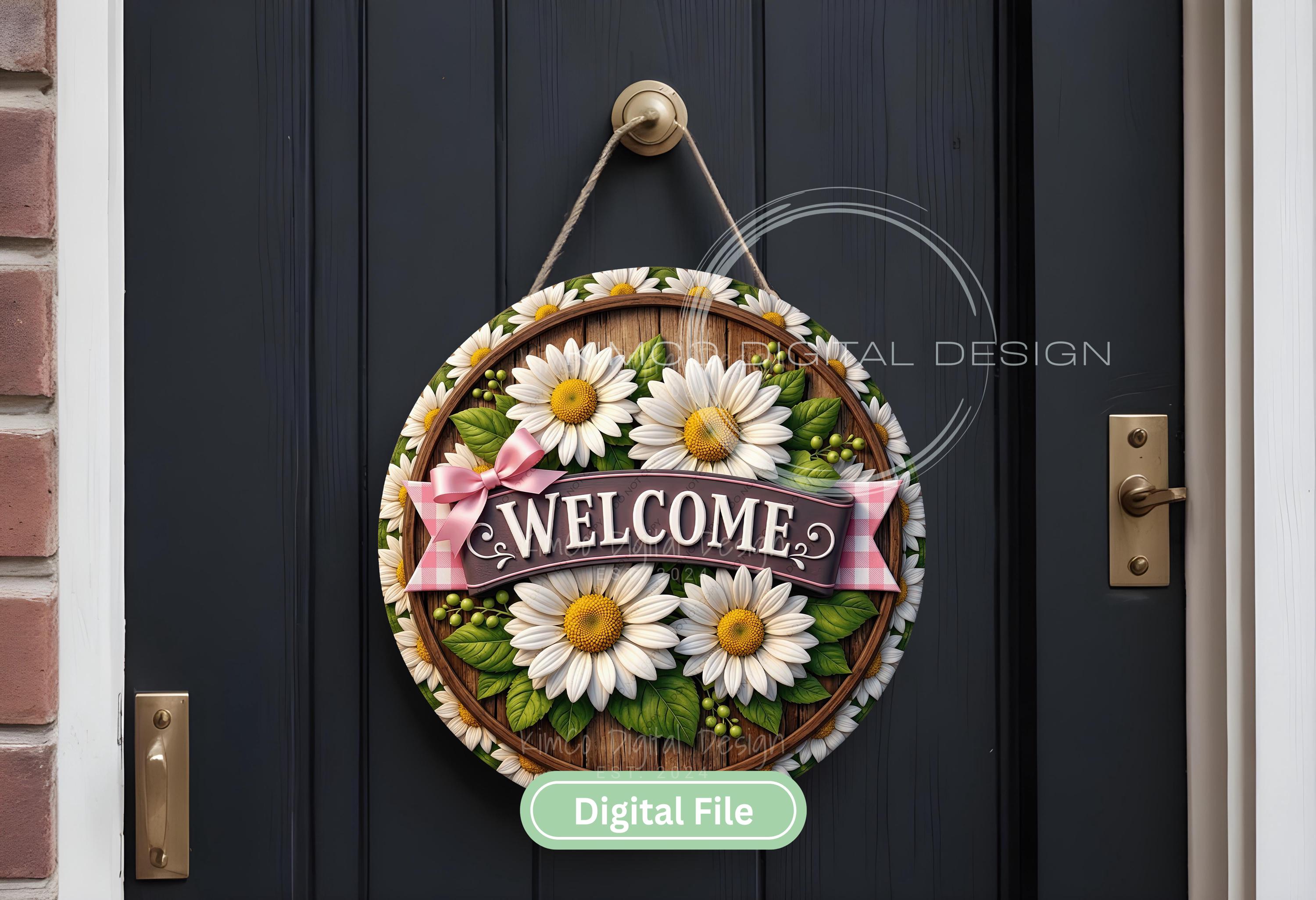 Daisy Farmhouse Welcome Sign PNG, Floral Round Door Hanger (digital ...