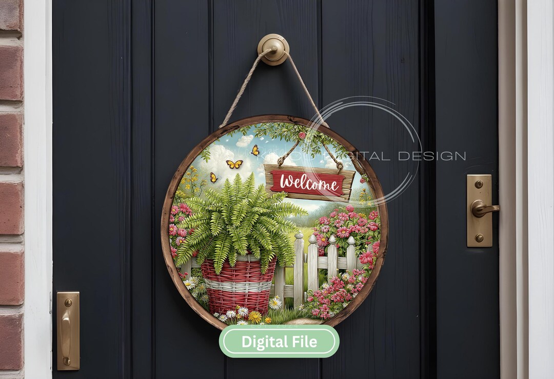 Round Welcome Door Sign PNG, Farmhouse Floral Porch Decor (digital ...