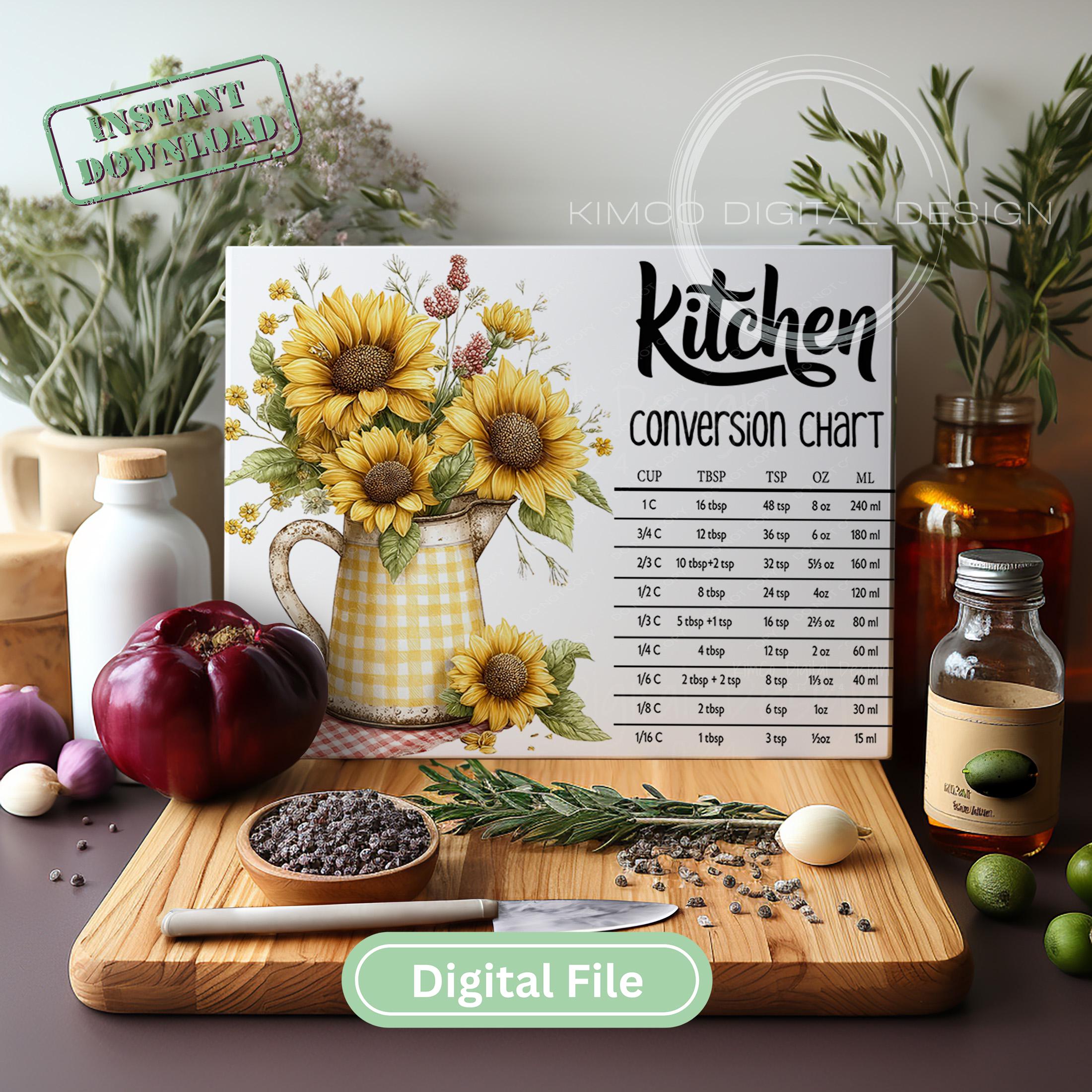 Kitchen Conversion Chart Sunflower Sublimation Glass Cutting Board PNG ...