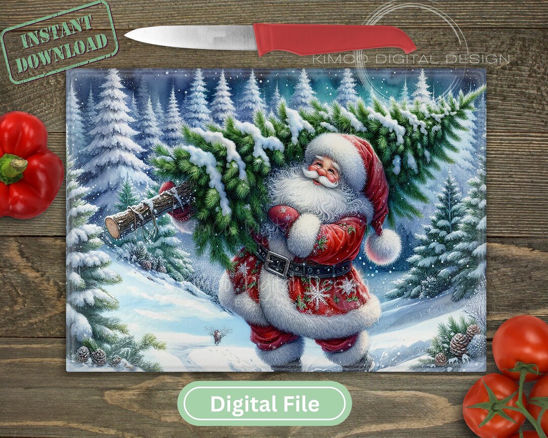 Santa Claus Glass Cutting Board Sublimation Design: Holiday Kitchen ...