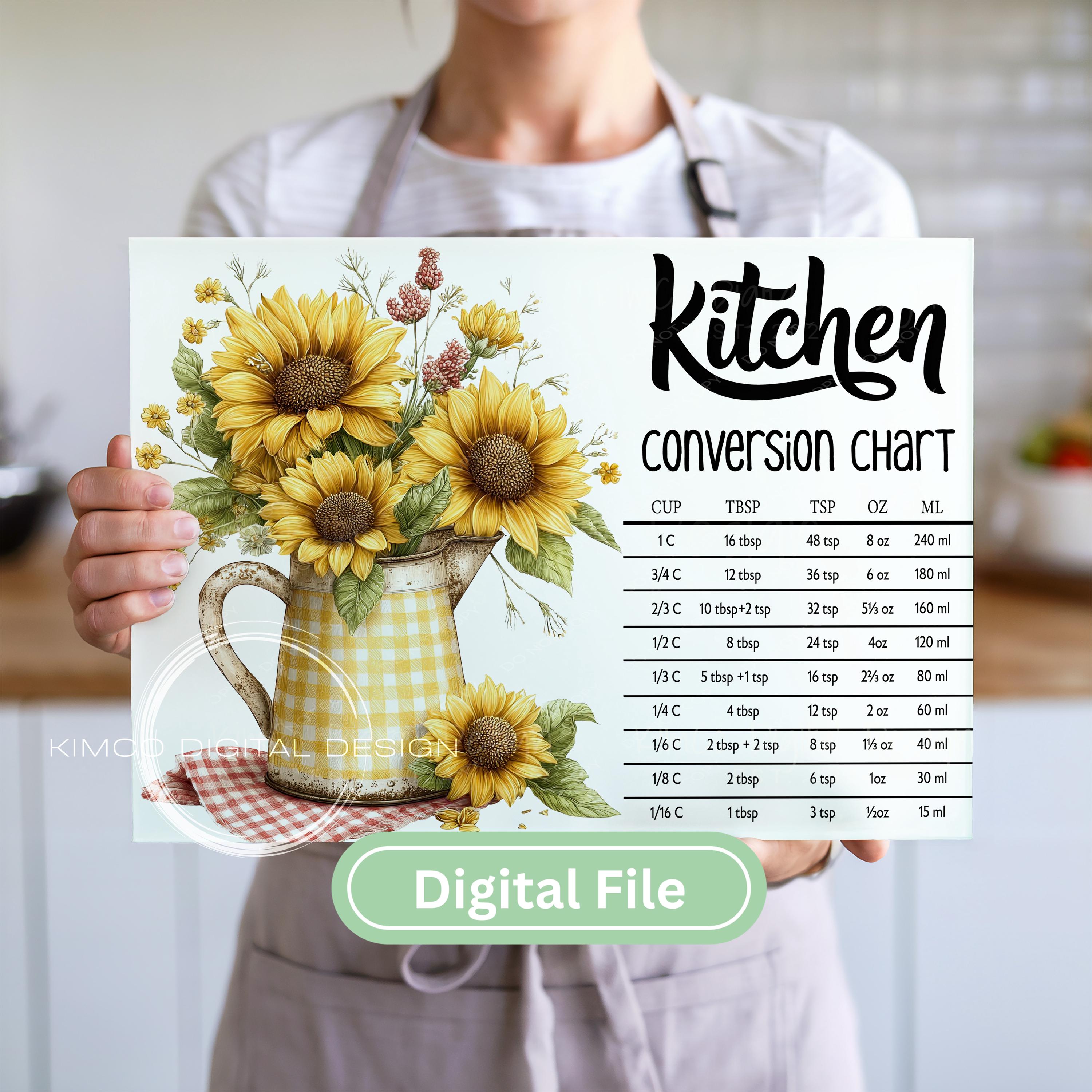 Kitchen Conversion Chart Sunflower Sublimation Glass Cutting Board PNG ...