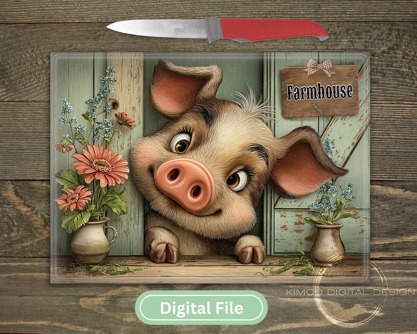 Farmhouse Pig Glass Cutting Board PNG, Rustic Kitchen Decor (digital ...