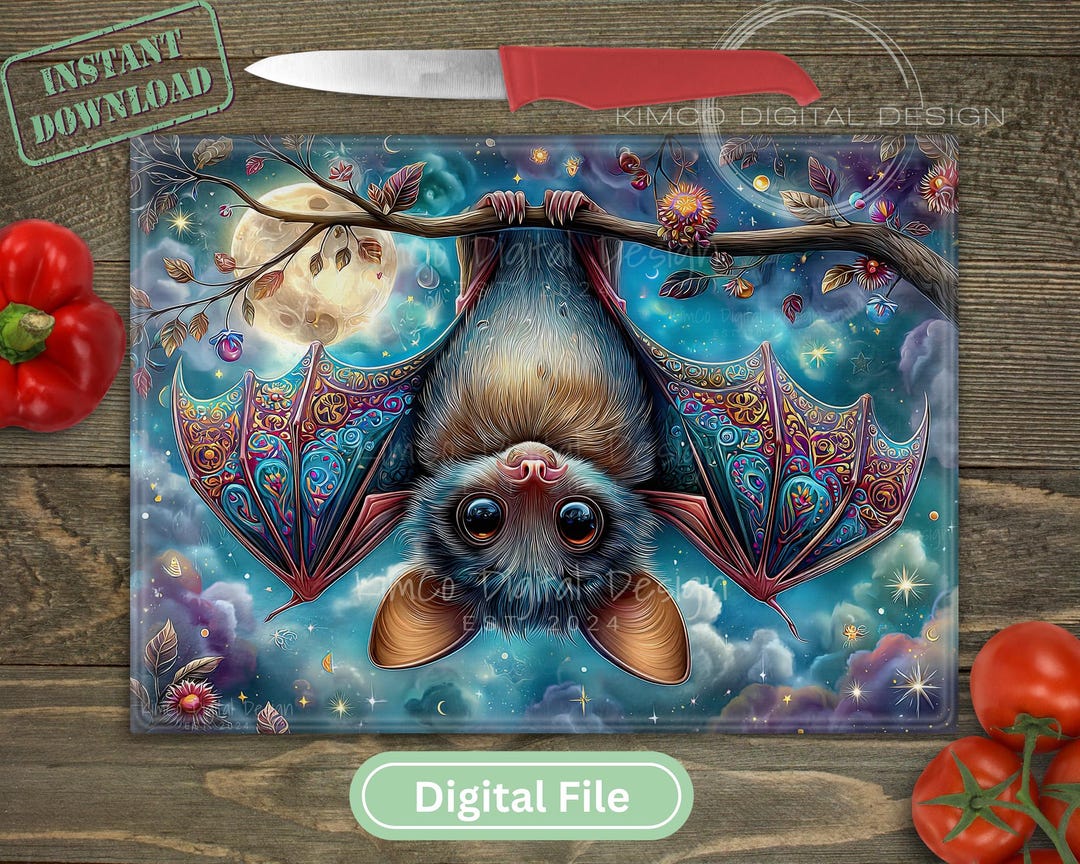 Whimsical Bat Sublimation Glass Cutting Board PNG - Celestial Halloween ...