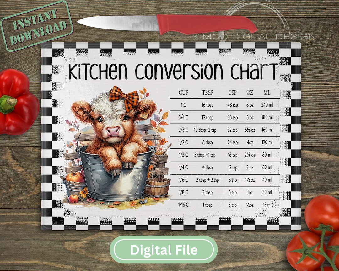Highland Cow Kitchen Conversion Chart: Black Plaid Cutting Board PNG ...