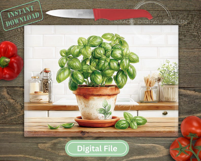 Basil Plant Cutting Board PNG: Farmhouse Kitchen Decor (digital ...
