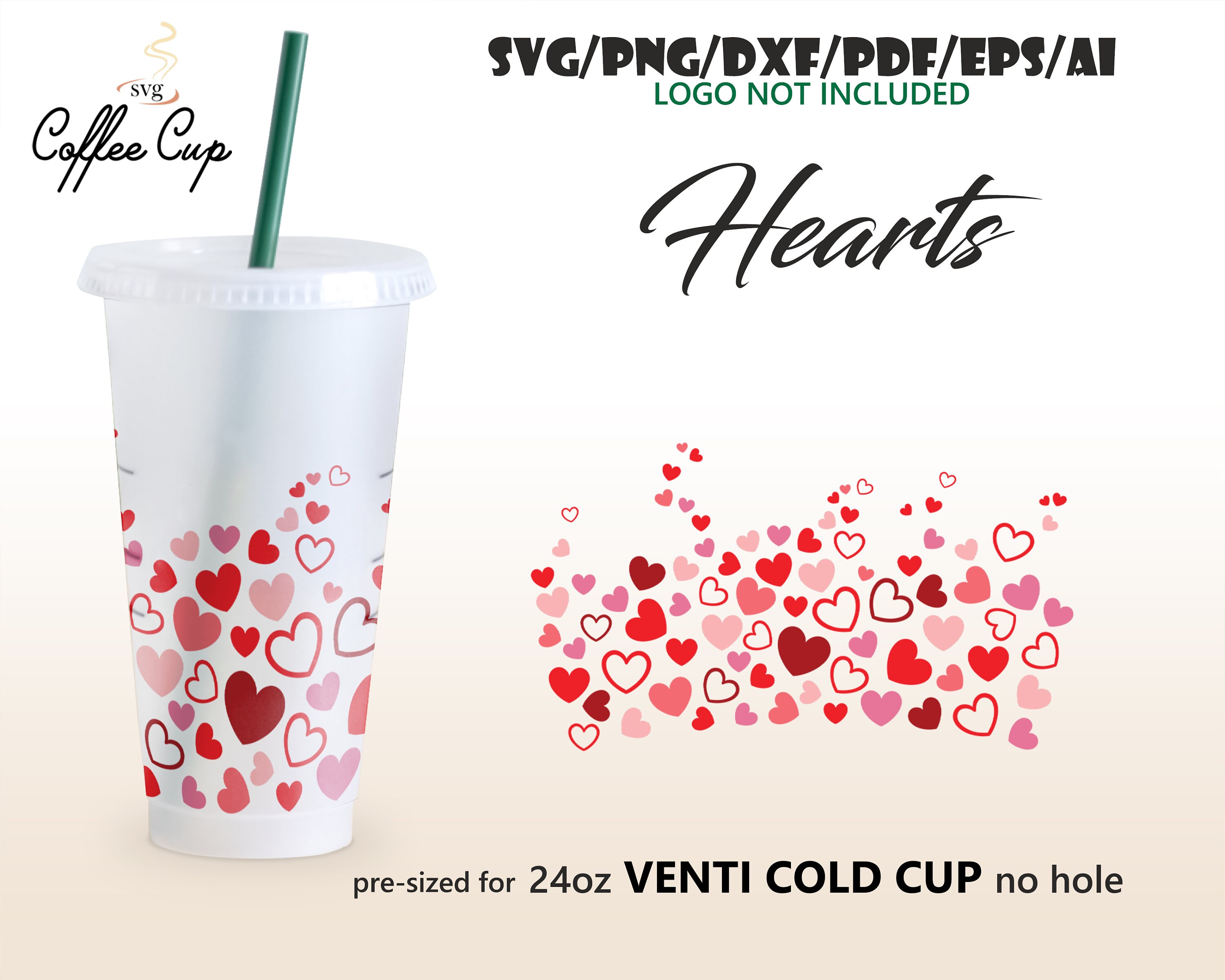 Hearts 24oz Venti Cold Cup Full Wrap No Hole Design for - Etsy