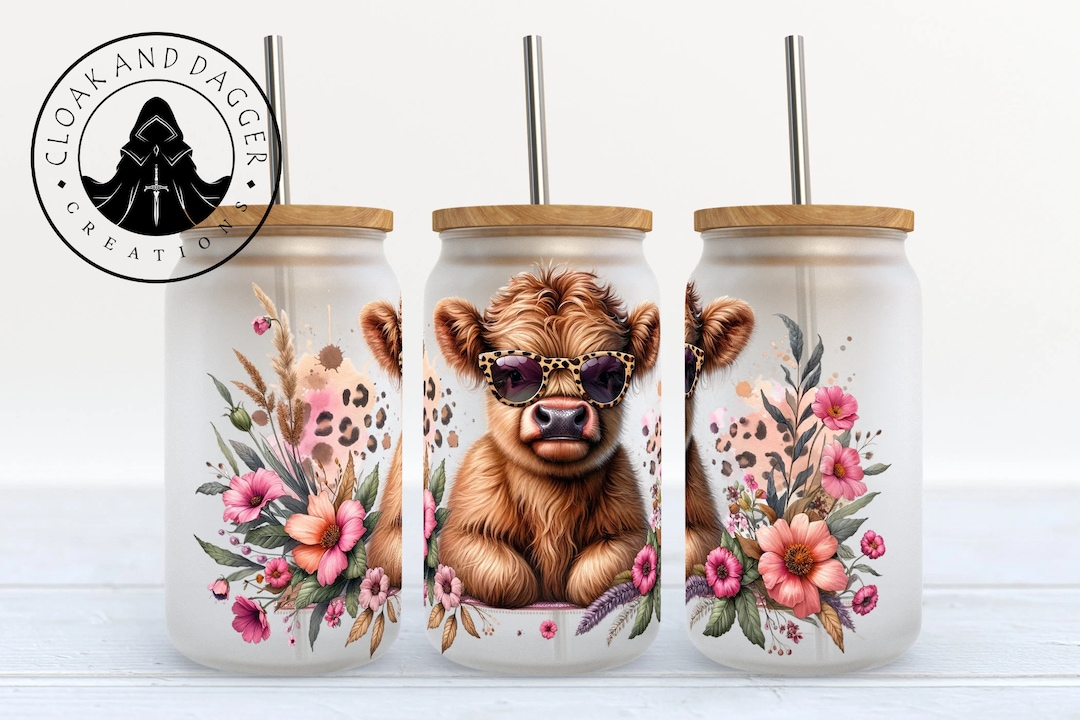 Highland Cow and Floral Frosted Beer Glass With Bamboo Lid / Highland ...