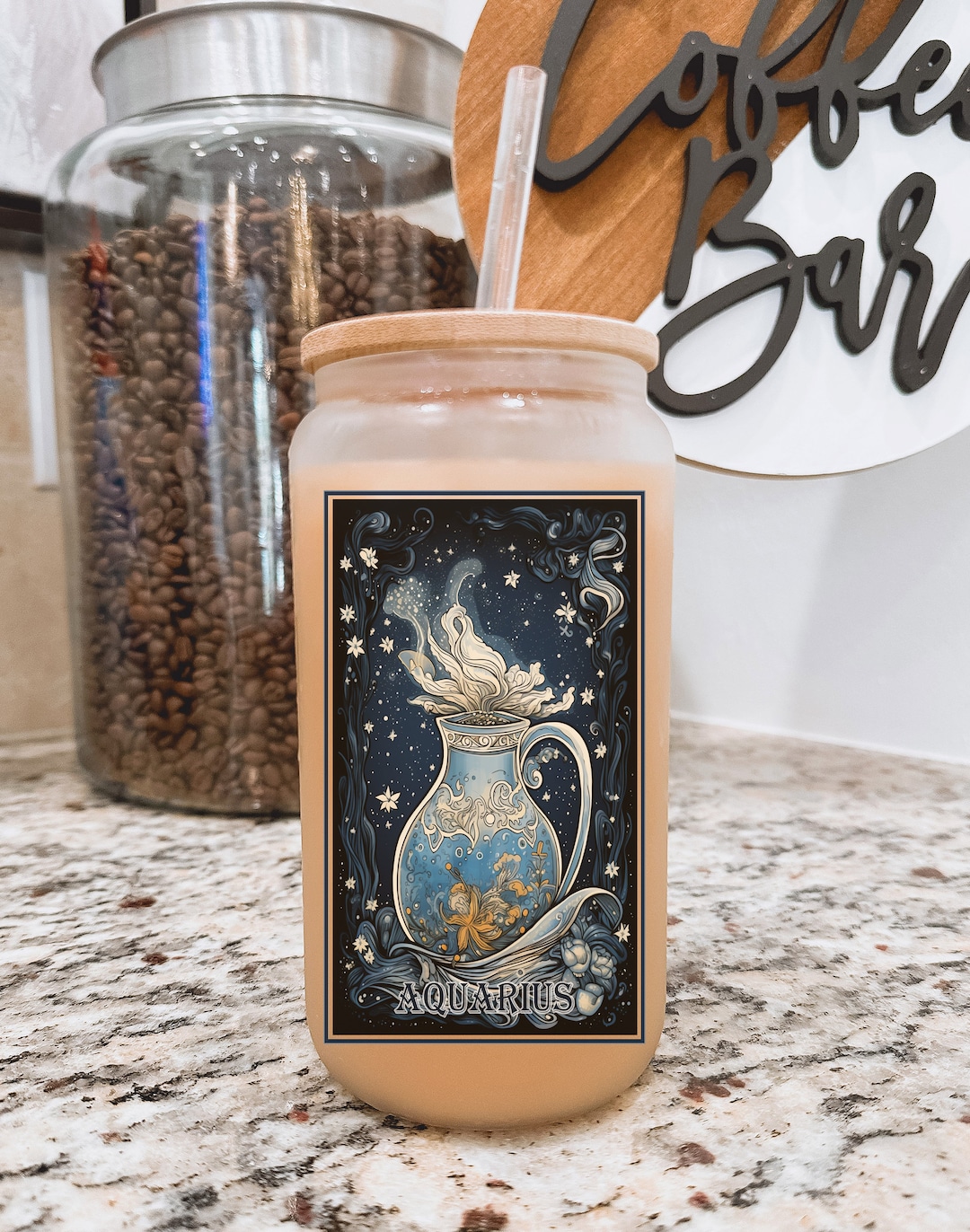 Aquarius Zodiac Frosted Beer Glass With Bamboo Lid / Zodiac Beer Glass ...