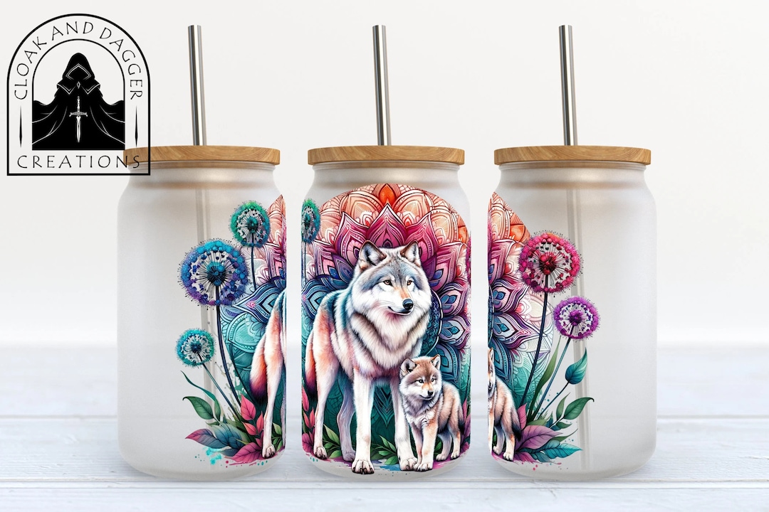 Floral Wolf Frosted Beer Glass With Bamboo Lid / Wolf Coffee Cup / Gift ...