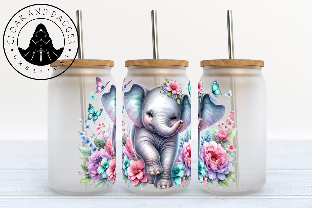 Elephant Frosted Glass Cup With Bamboo Lid: Floral Design - Etsy
