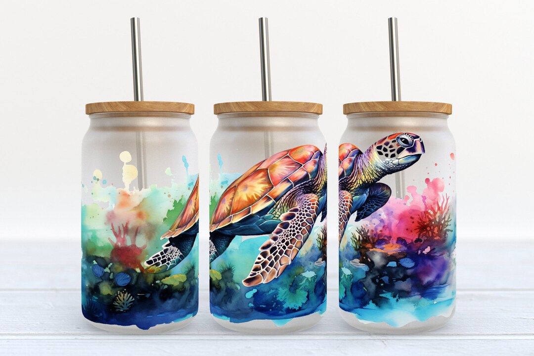 Sea Turtle Frosted Beer Glass / Sea Turtle Coffee Cup / Bamboo Lid ...